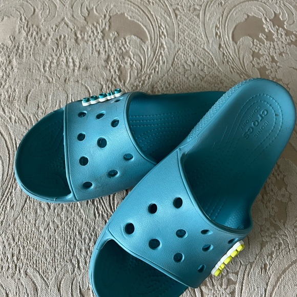 CROCS | Shoes | Crocs Teal Slide Sandals With Perforations | Poshmark